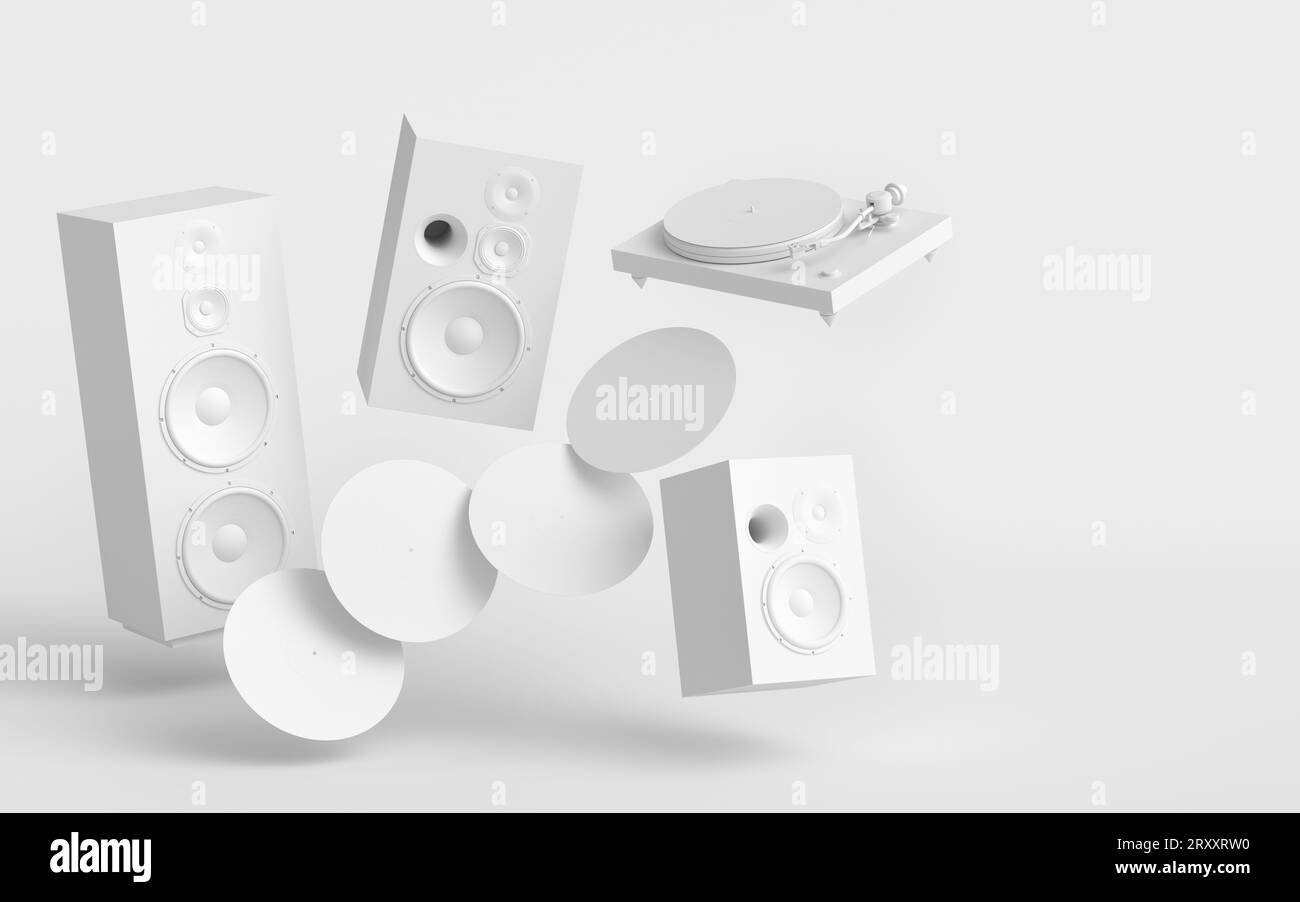 Set of Hi-fi speakers with loudspeakers and DJ turntable on monochrome ...