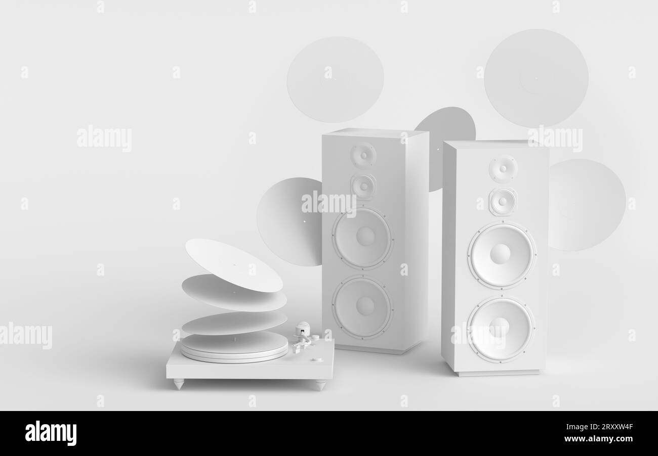 Set of Hi-fi speakers with loudspeakers and DJ turntable on monochrome ...