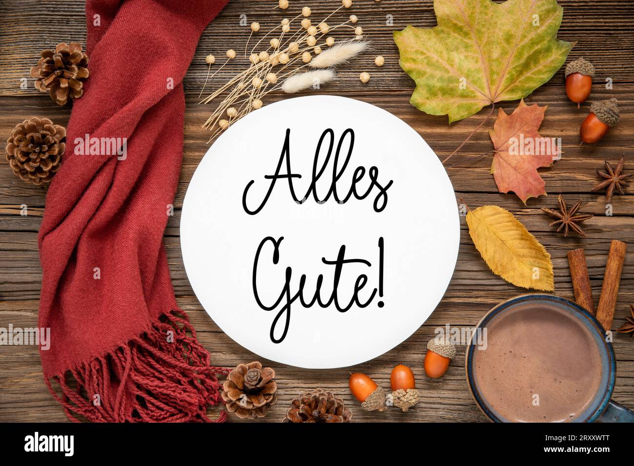 Autumn Decorated Flat Lay With Text Alles Gute Stock Photo - Alamy