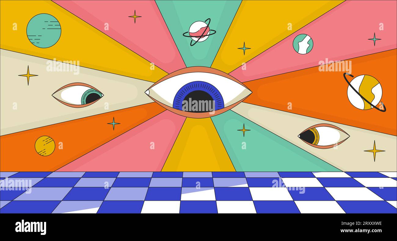 Groovy psychedelic world 2D linear illustration concept Stock Vector ...