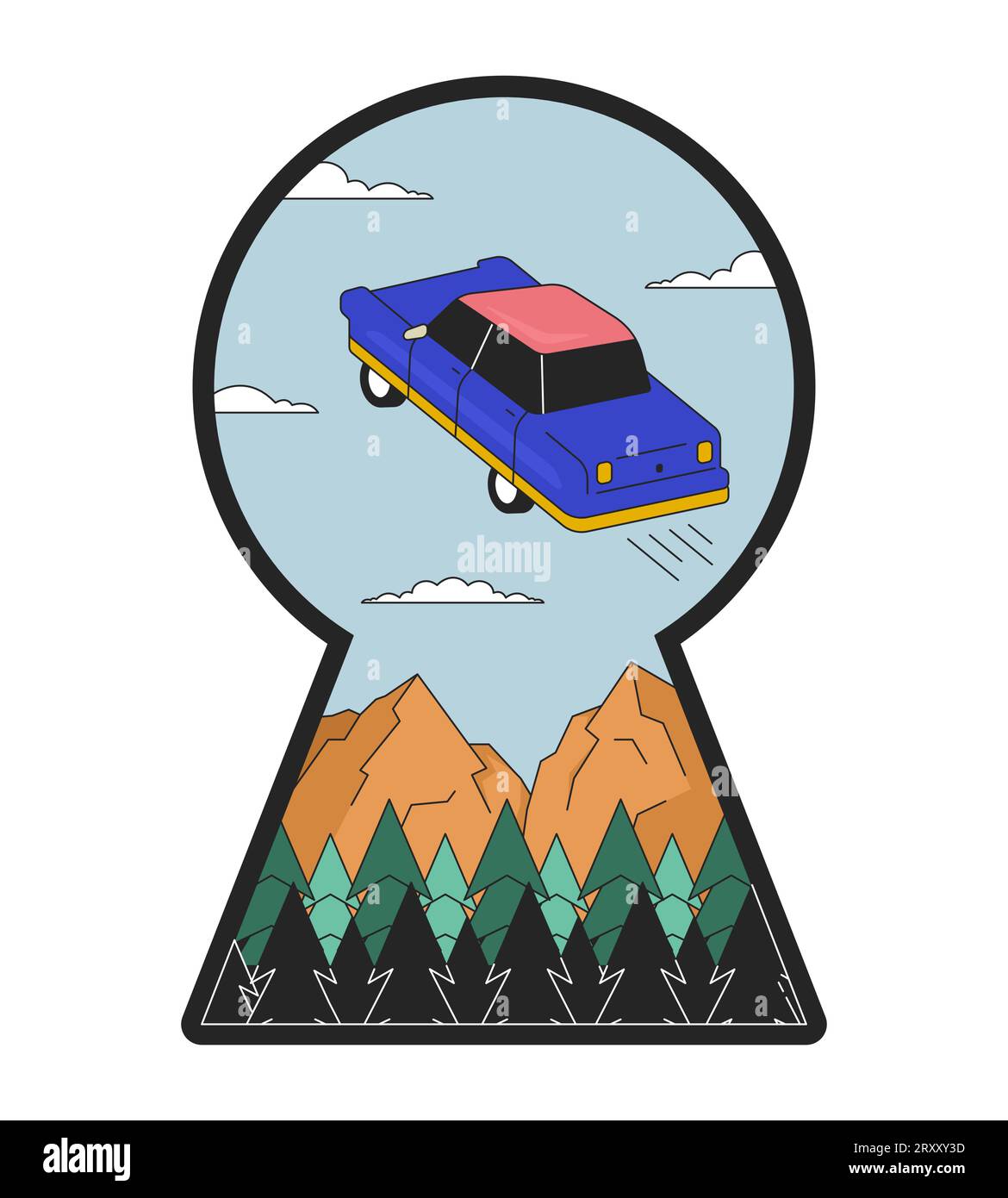 Levitating retro car in keyhole shape 2D linear illustration concept ...