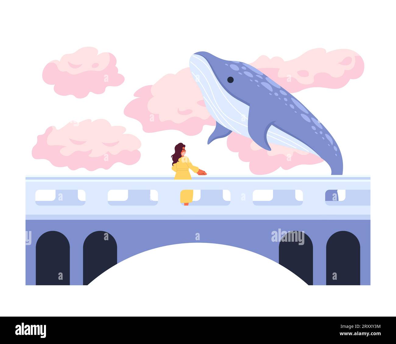 Flying whale above bridge with woman 2D illustration concept Stock ...