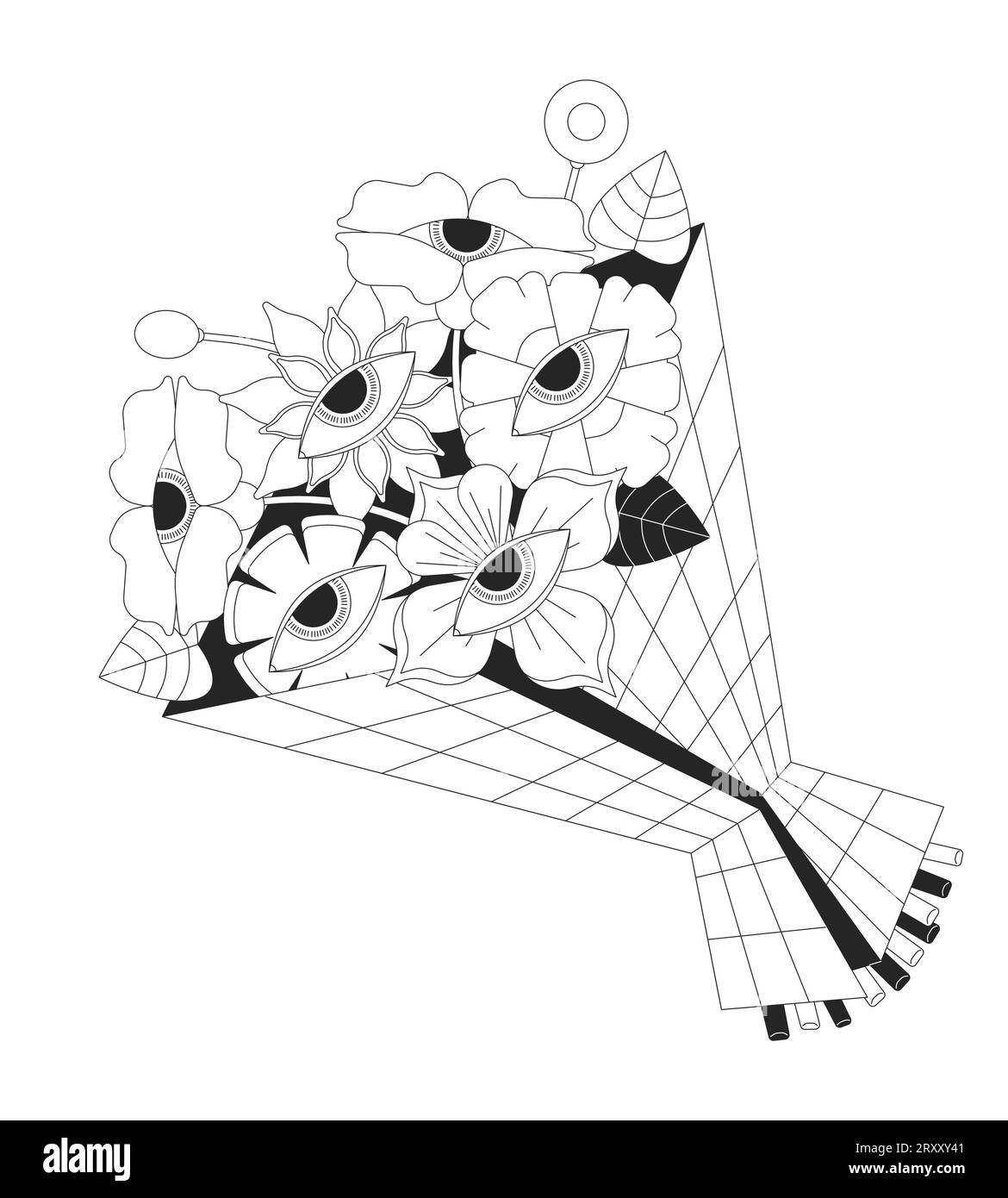 Groovy eyeball flowers bouquet black and white 2D illustration concept ...