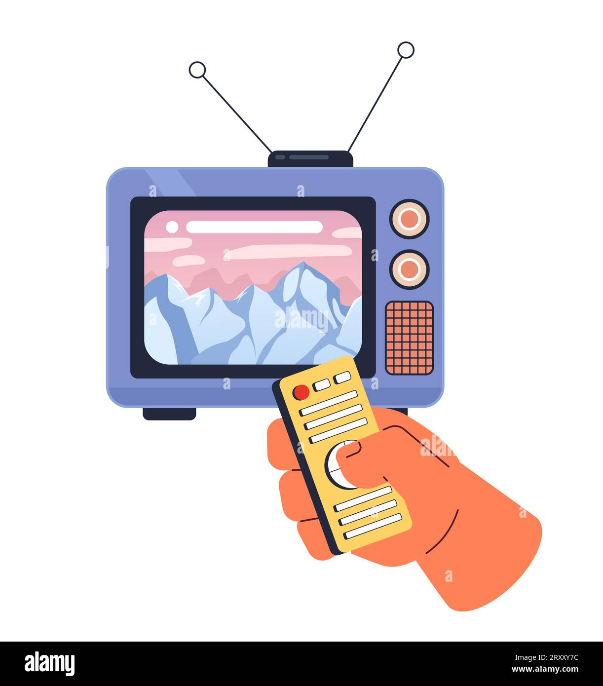 Snow capped mountain peak on 80s television 2D illustration concept ...