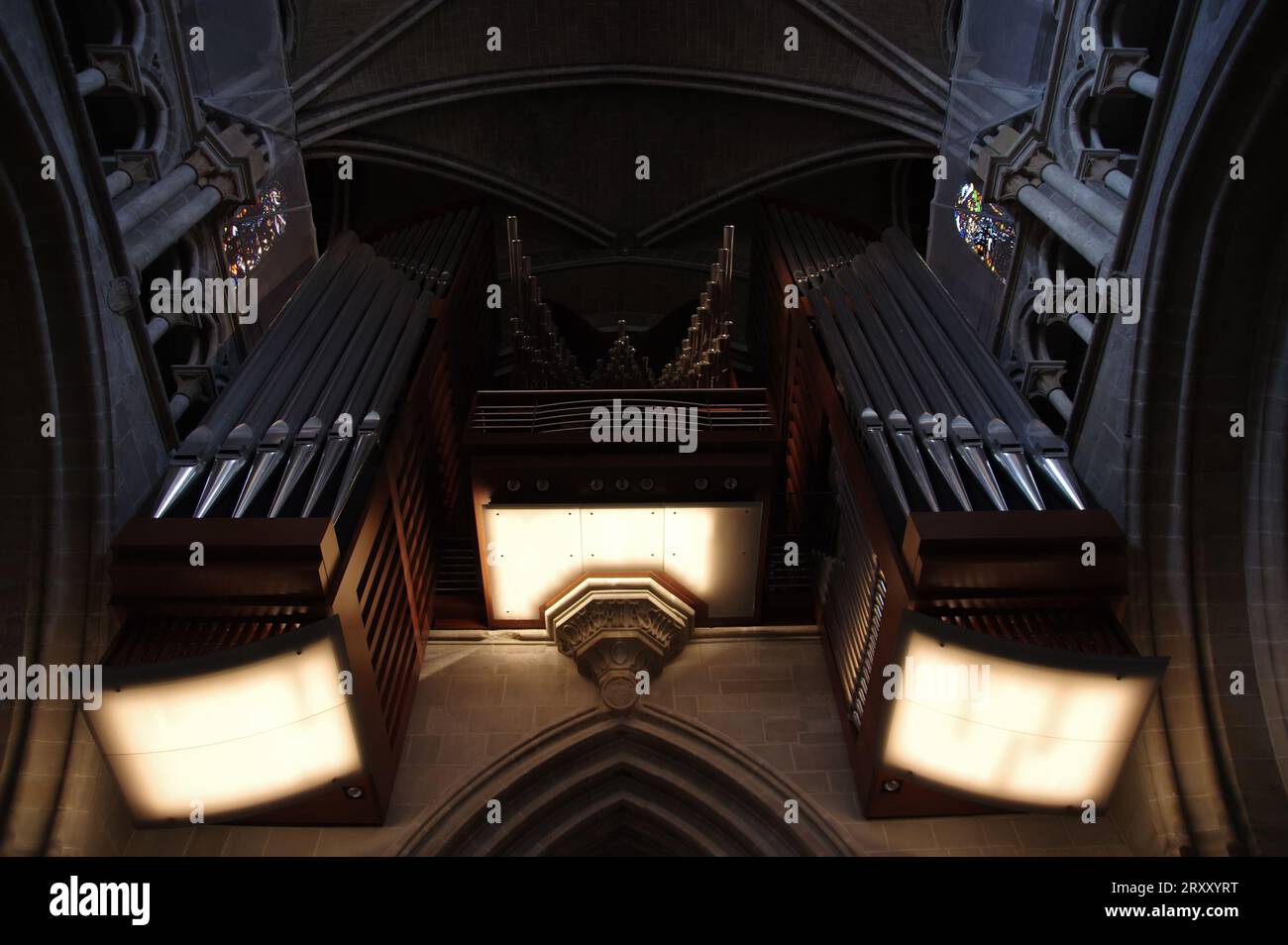 LAUSANNE, SWITZERLAND - AUGUST 6, 2023: Modern pipe organ of the Notre ...