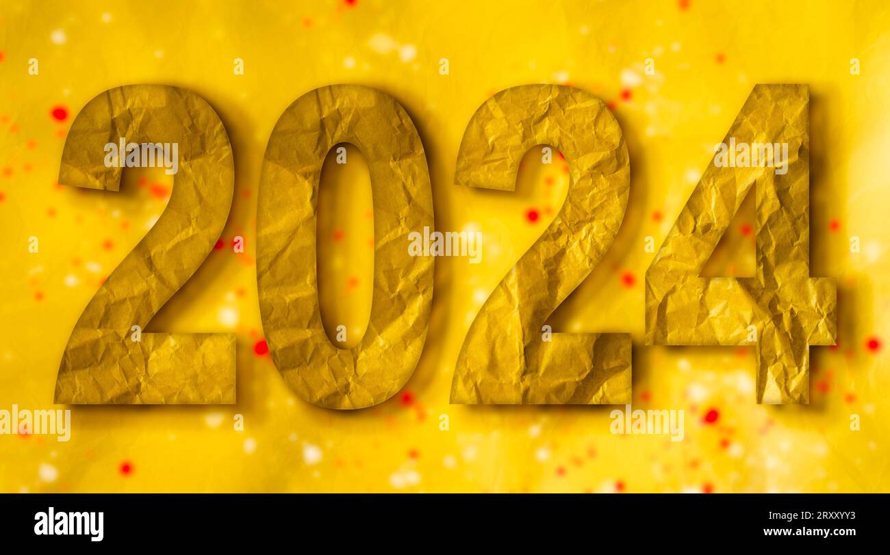 Numeral 2024 with warm paper texture on yellow background with red and ...