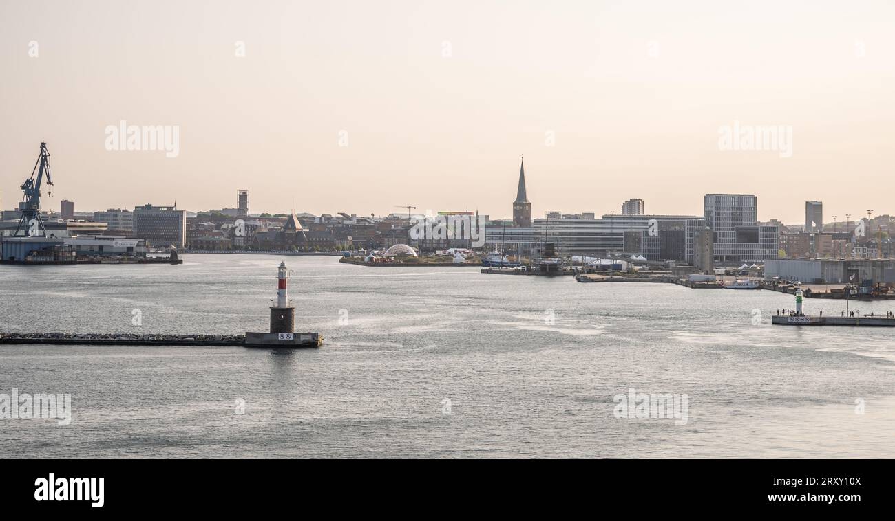 Cityscape Skyline of Aarhus, Denmark in the evening with lighthouse in ...