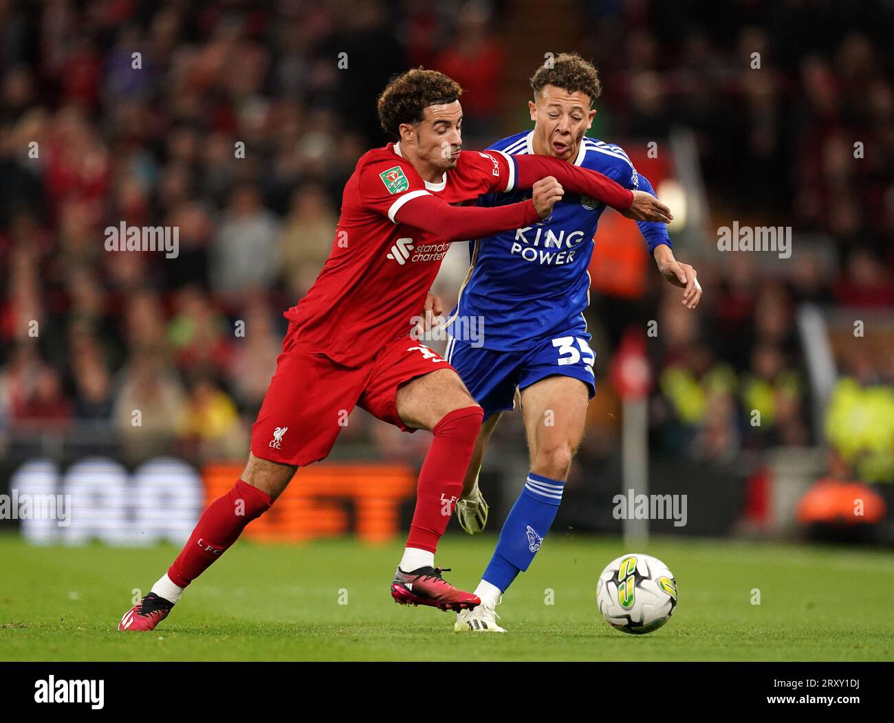 Liverpool's Curtis Jones (left) and Leicester City's Kasey McAteer ...