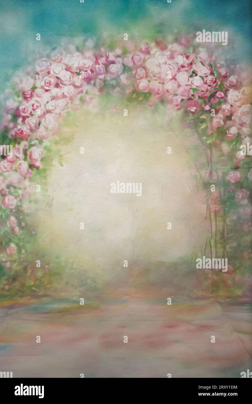 Flower arch background. Flower garden background with watercolor Stock ...