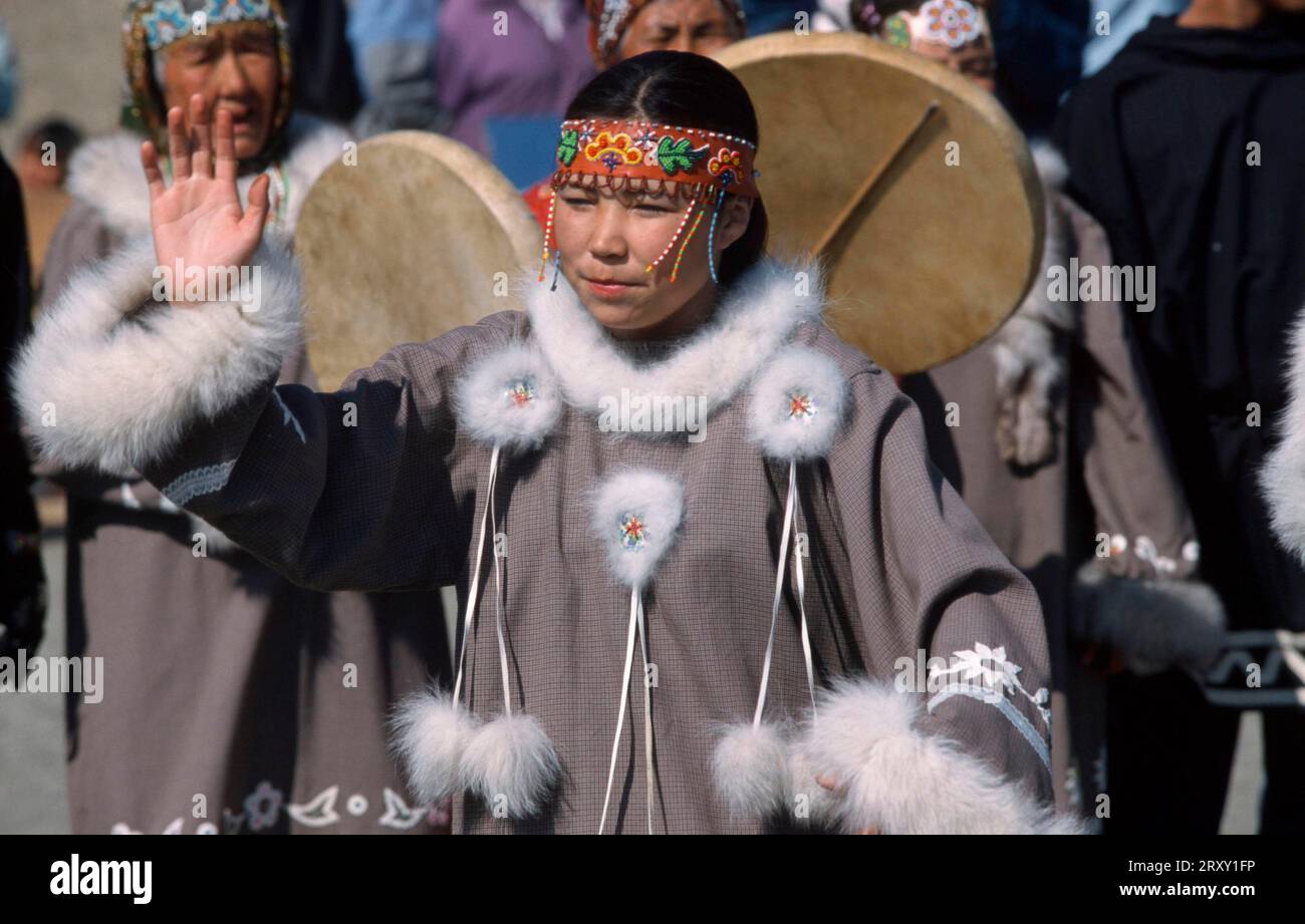 Chukchi Eskimo woman dancing in traditional dress, Lorino village ...