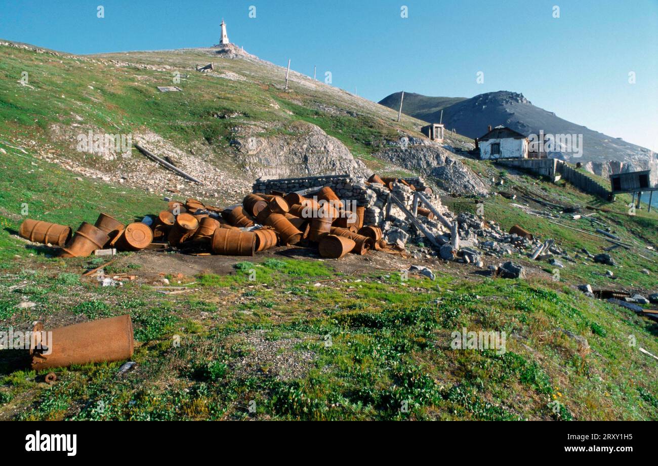 Abandoned Russian military site and lighthouse, Cape Dezhnev, province ...