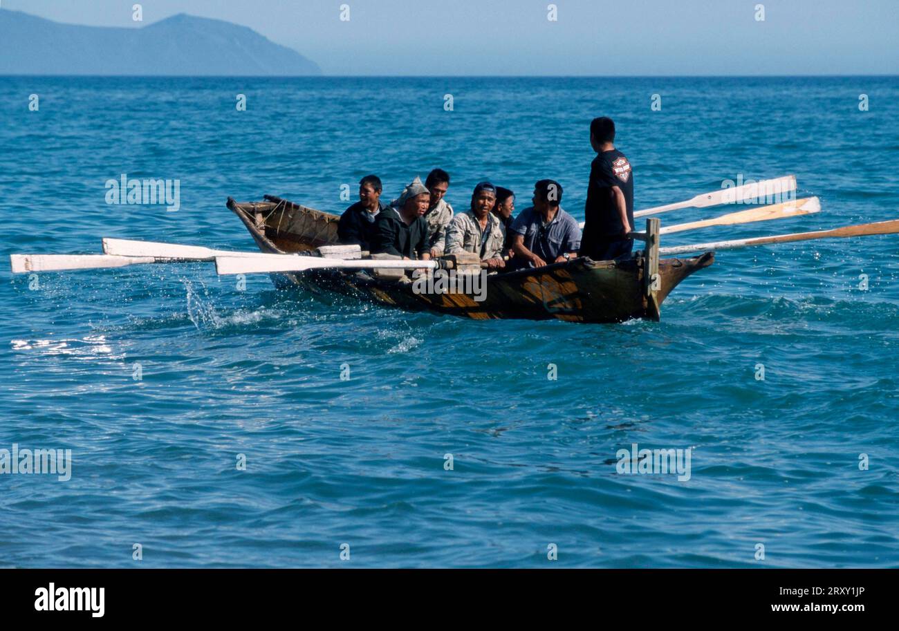 Chukchi Eskimos in Umiak, traditional boat made of walrus skin, Lorino ...