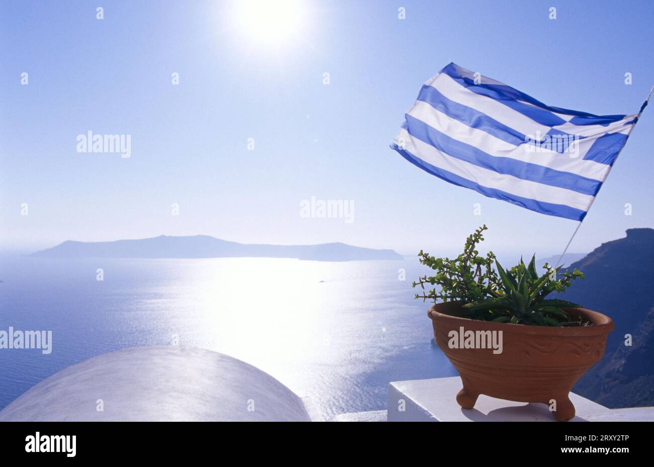 Greek flag in Thira, Santorini, Cyclades, Greece Stock Photo - Alamy