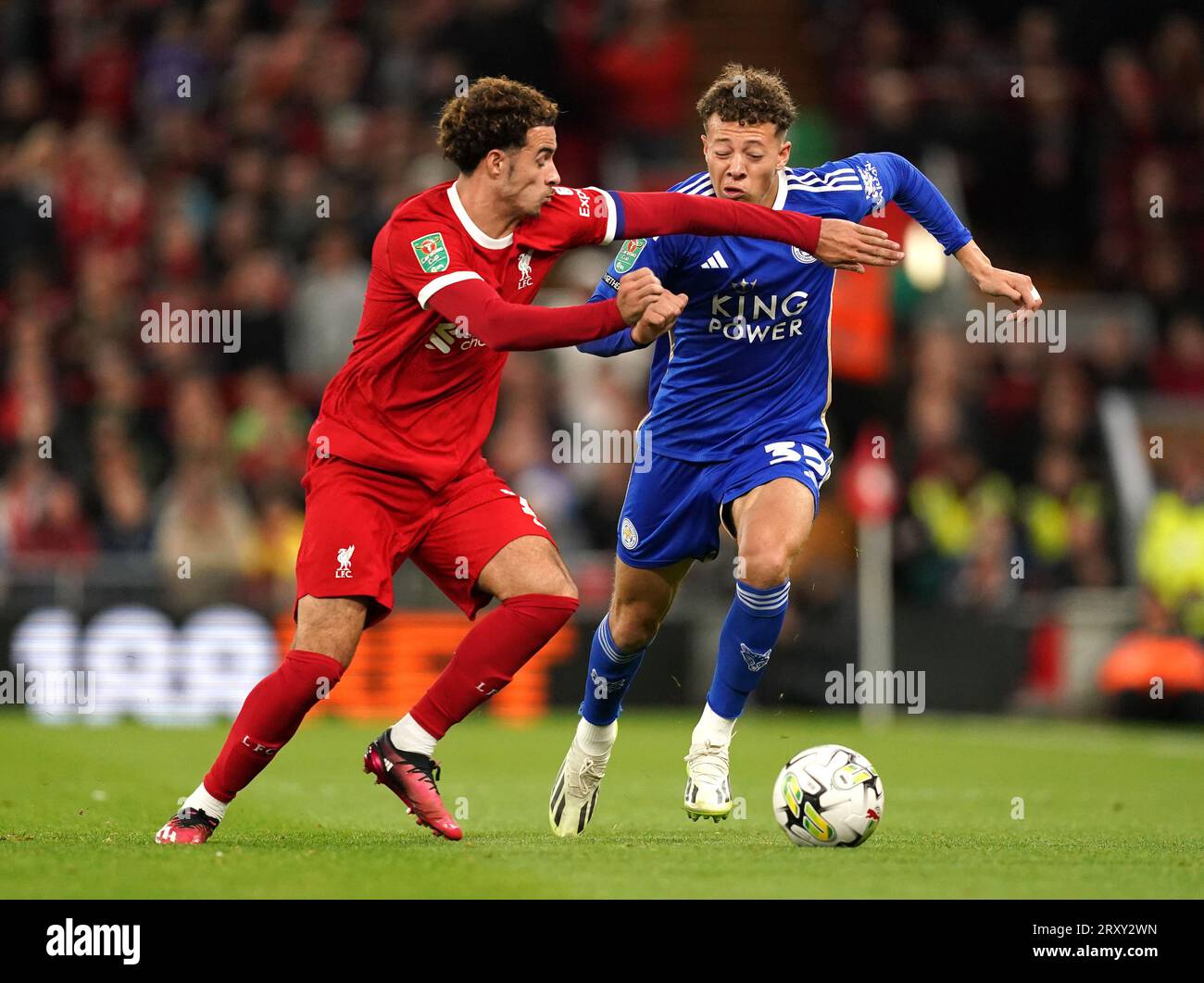 Liverpool's Curtis Jones (left) and Leicester City's Kasey McAteer ...