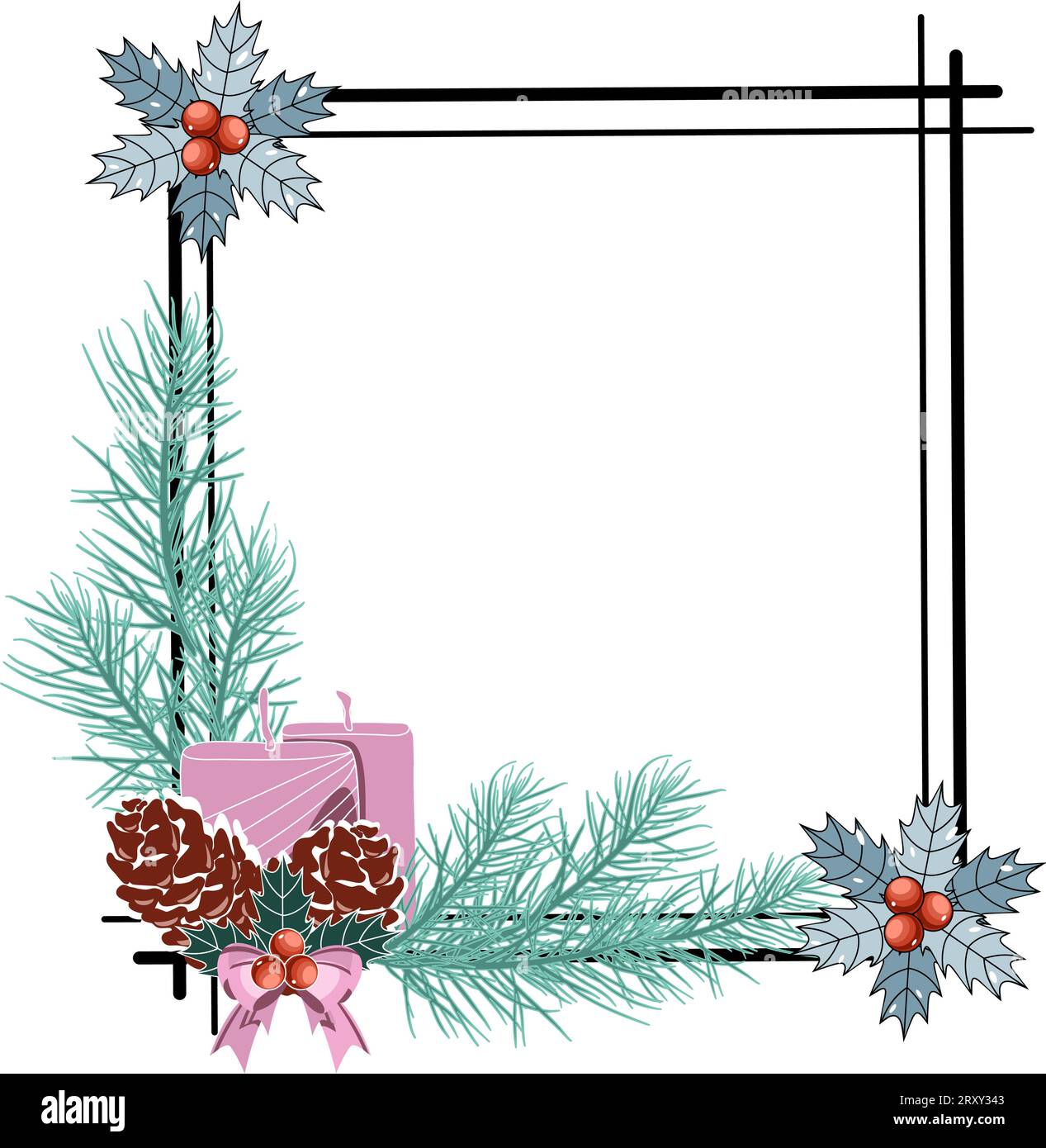 Christmas frame with fir branches, candles, and pine cones. Vector ...