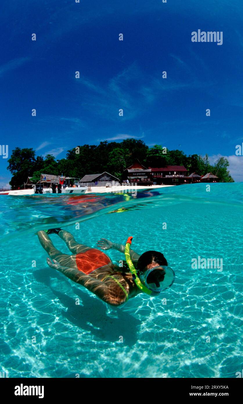Woman snorkeling in front of tropical island, portfolio menschen ...