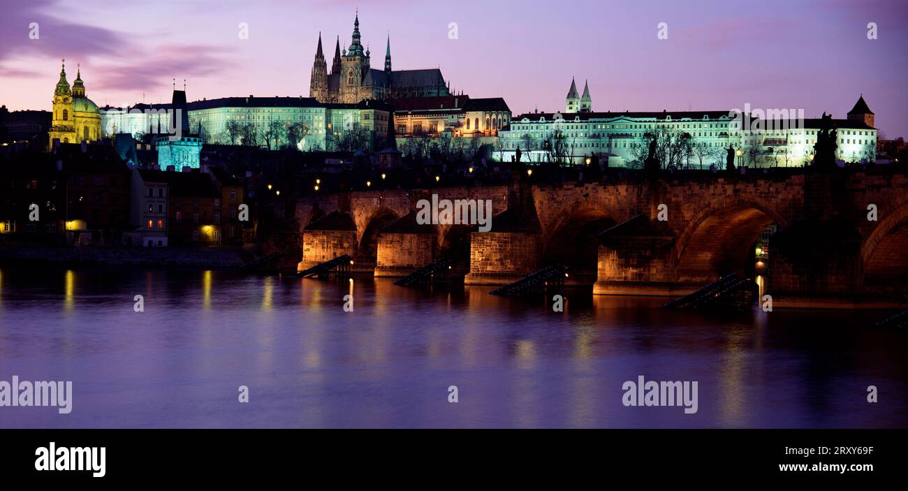 View over Vltava to Charles bridge and Prague castle at night, Prague ...