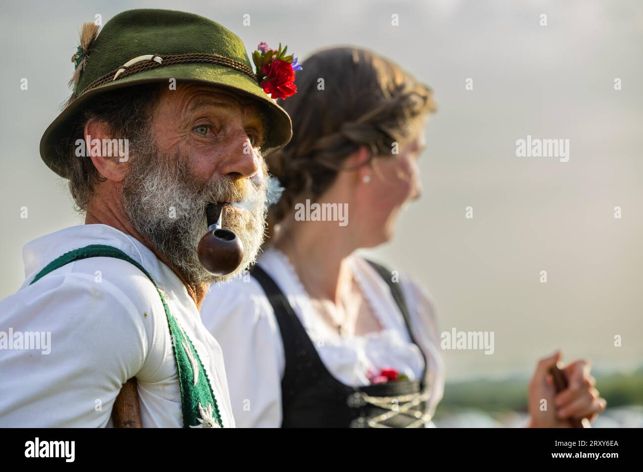 Shepherd with pipe and shepherdess in traditional traditional costume ...