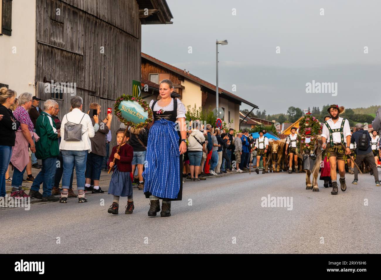 Alpine shepherdess with child, Alpine shepherd, wreathed cattle ...