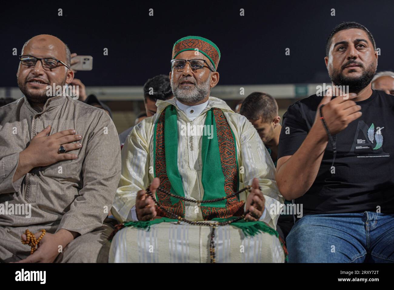 September 27, 2023, Gaza, Gaza, Palestine: Palestinian men cheer and ...