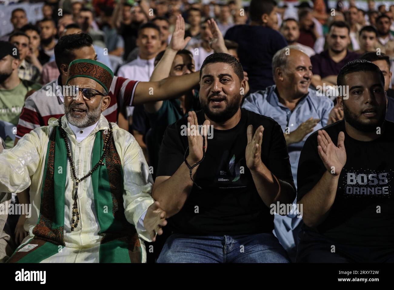 September 27, 2023, Gaza, Gaza, Palestine: Palestinian men cheer and ...