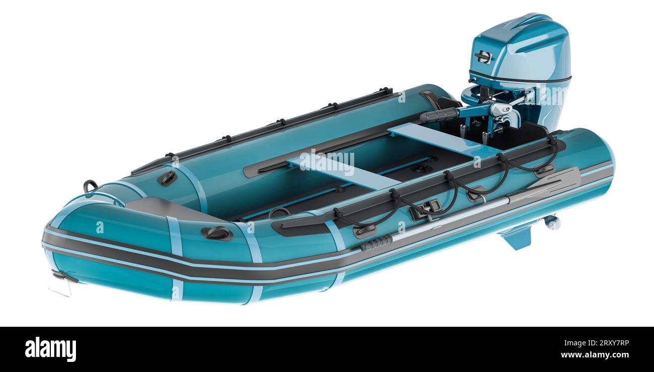 Inflatable boat with outboard engine, 3D rendering isolated on white ...