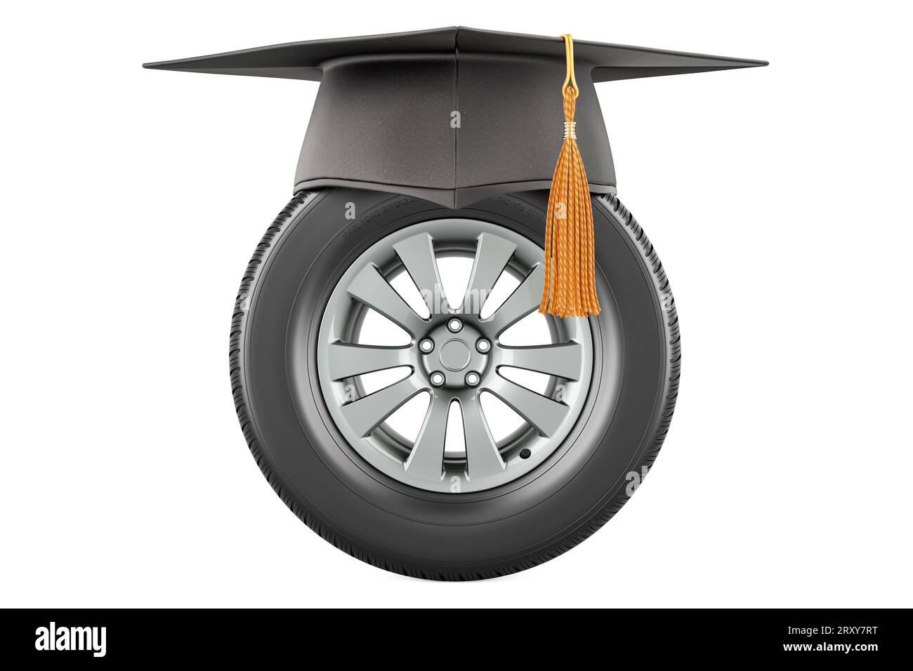 Driving school. Car wheel with graduation cap. 3D rendering isolated on ...