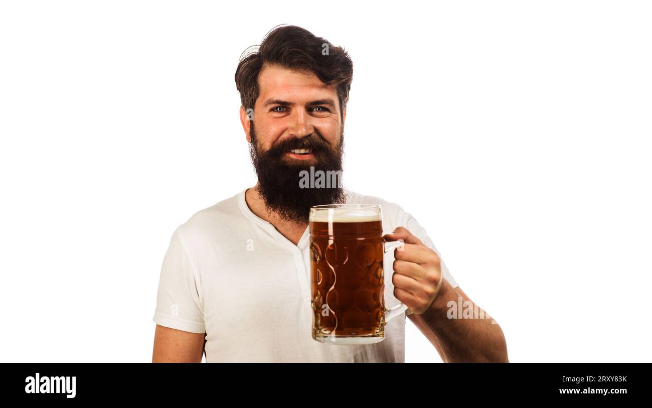 Beer pub or bar. Smiling bearded man drinking craft beer at restaurant ...