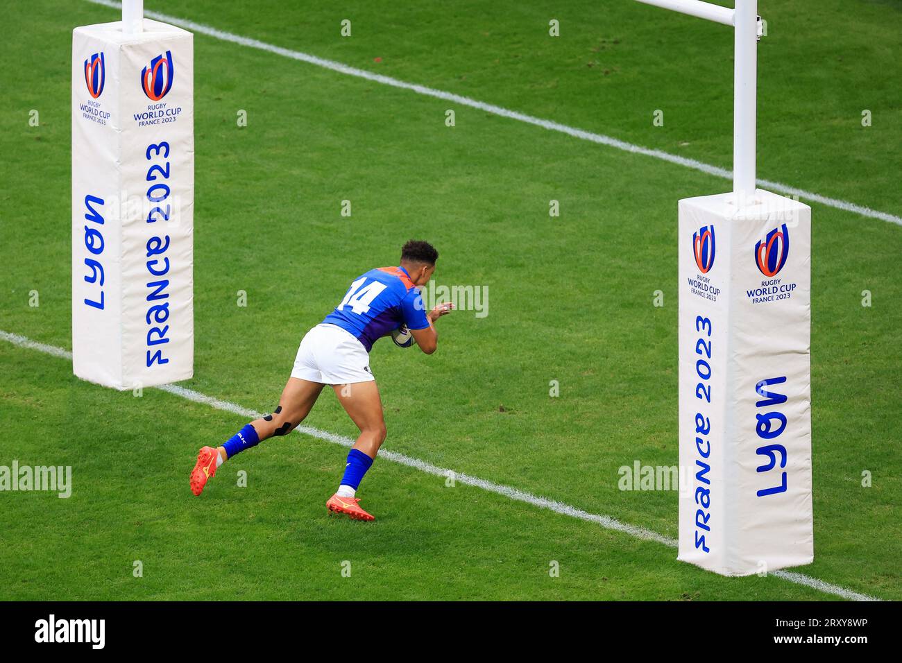 Lyon, France. September 27, 2023, Gerswin Mouton #14 of Namibia scores ...