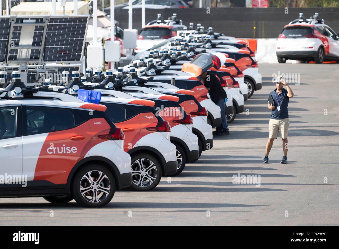 Austin Texas USA, August 31 2023: A large fleet of Cruise autonomous ...