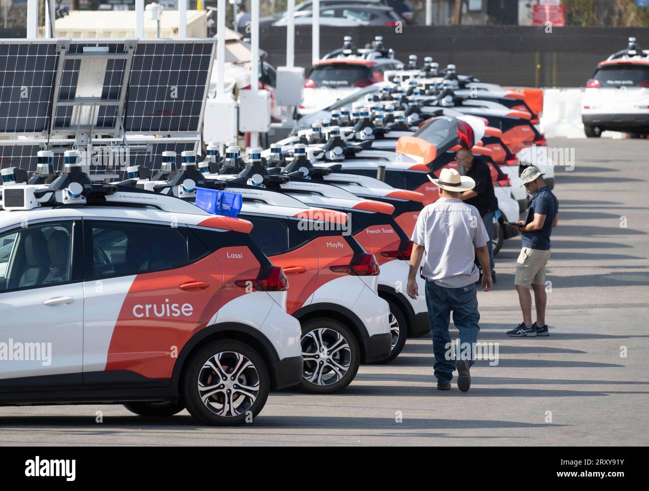 Austin Texas USA, August 31 2023: A large fleet of Cruise autonomous ...