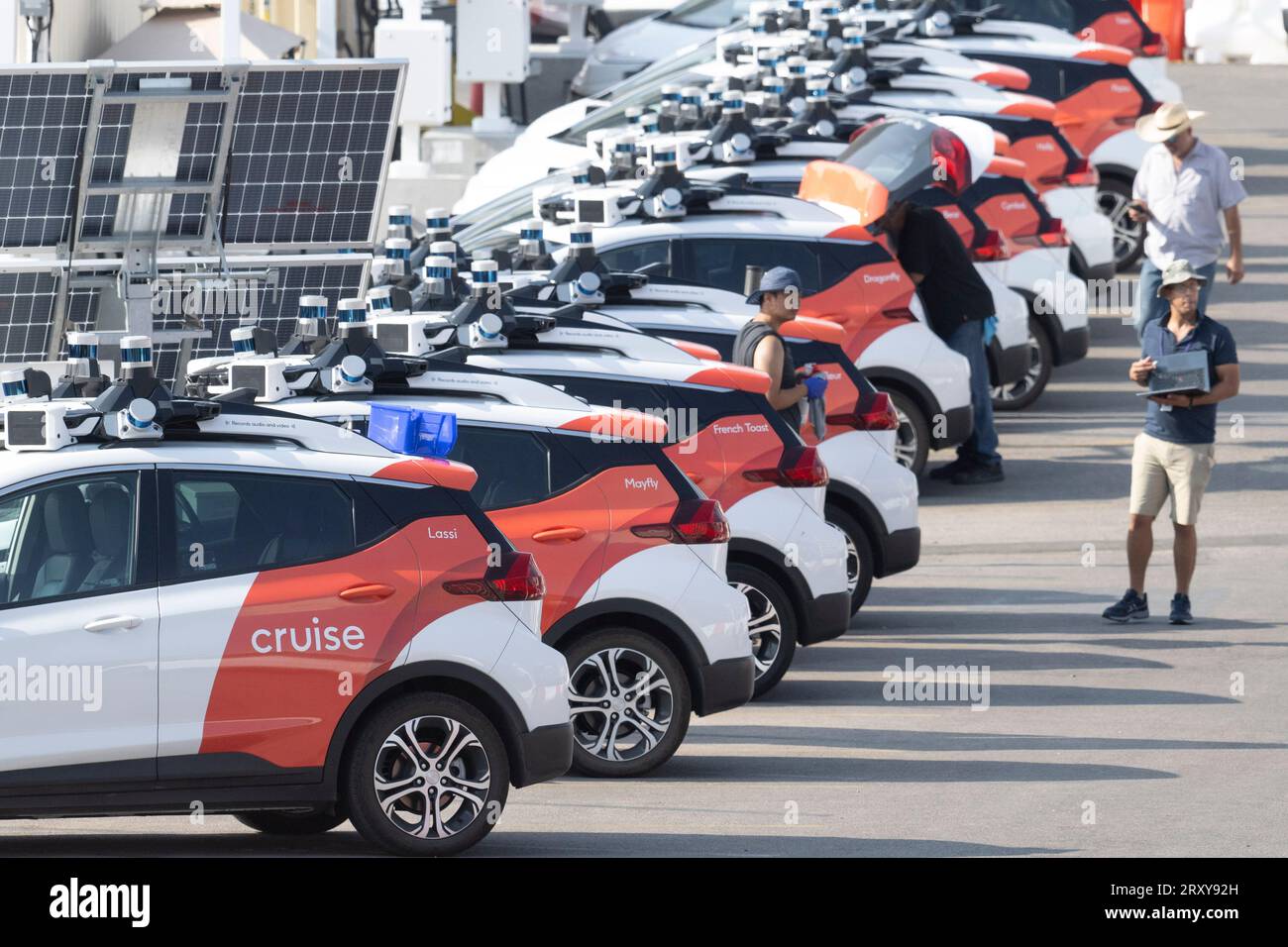 Austin Texas USA, August 31 2023: A large fleet of Cruise autonomous ...