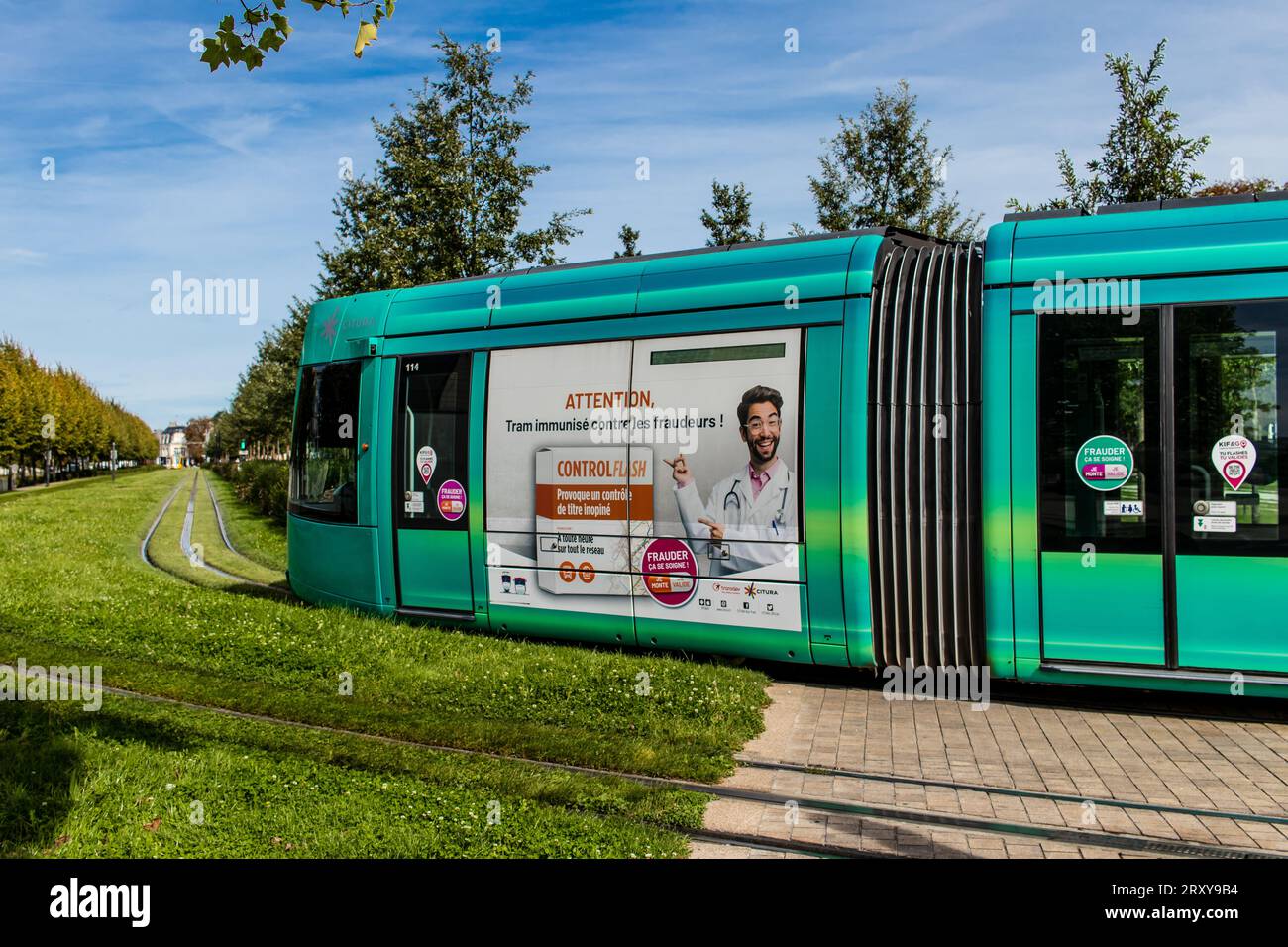 Reims, France - September 26, 2023 Modern electric tram rolling through ...