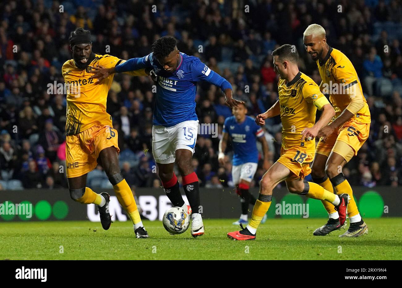 Livingston's Ayo Obileye (left) and Rangers' Jose Cifuentes battle for ...