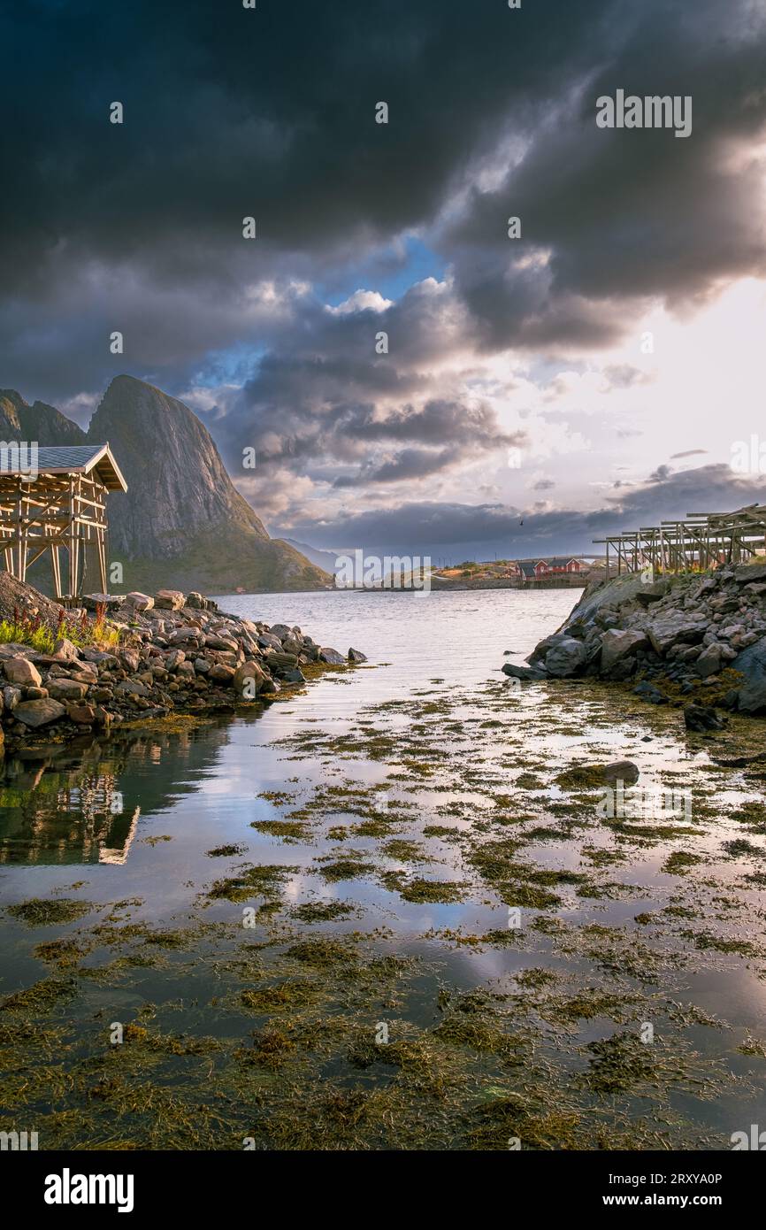 Picturesque Lofoten fjord with breathtaking sunrise and traditional ...