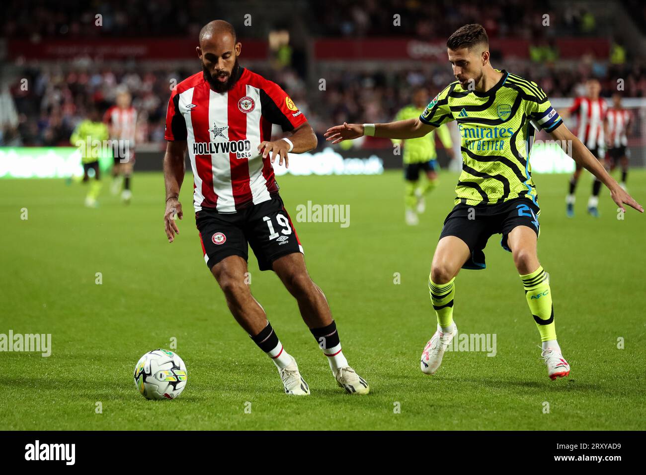 Brentford's Bryan Mbeumo feels pressure from Arsenal's Jorginho during ...