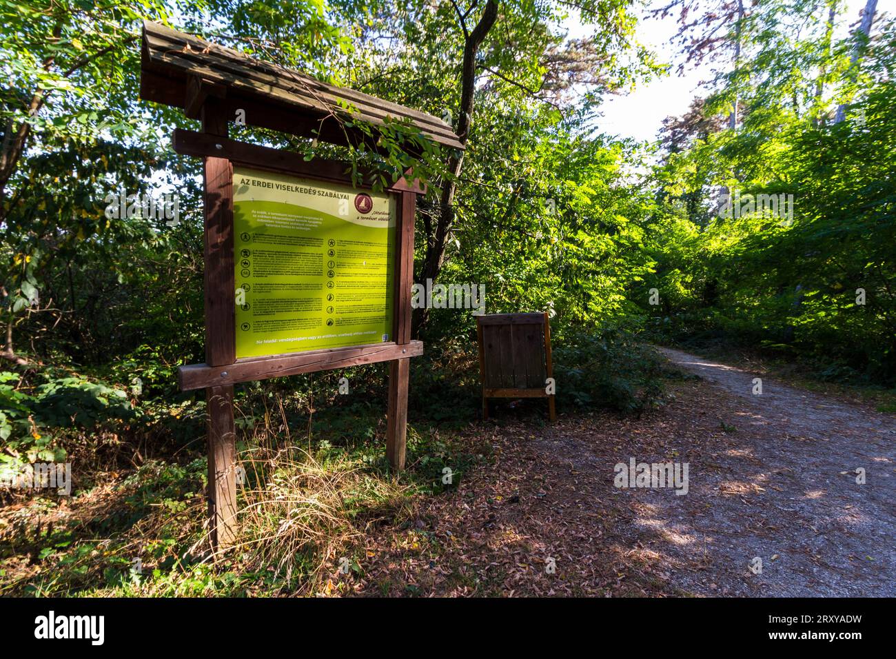 Sign about the rules of behaviour in the forest, Sopron, Hungary Stock ...