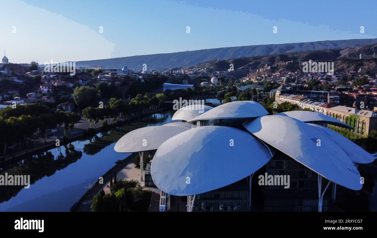 08-20-2023 Tbilisi, Georgia. Drone point of view at morning on river ...