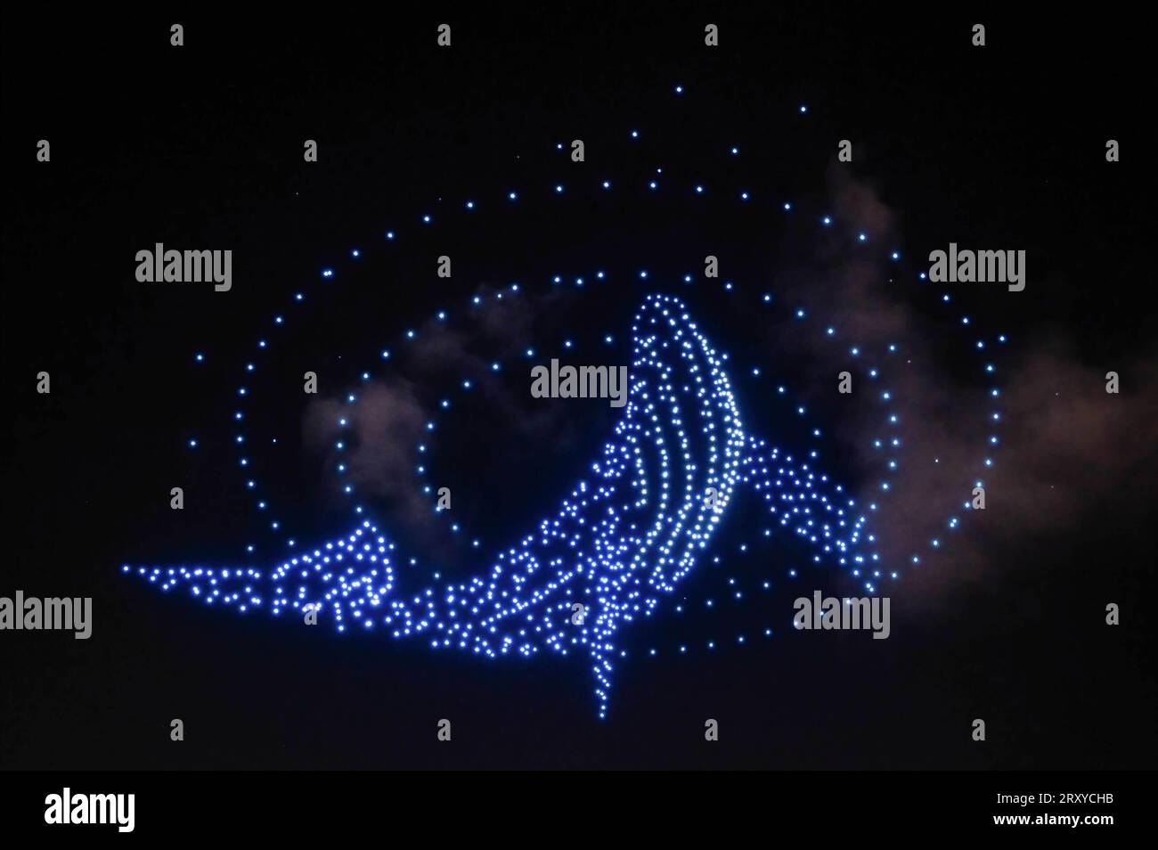 Drones light show, forming a whale in space, over Victoria Harbour in ...
