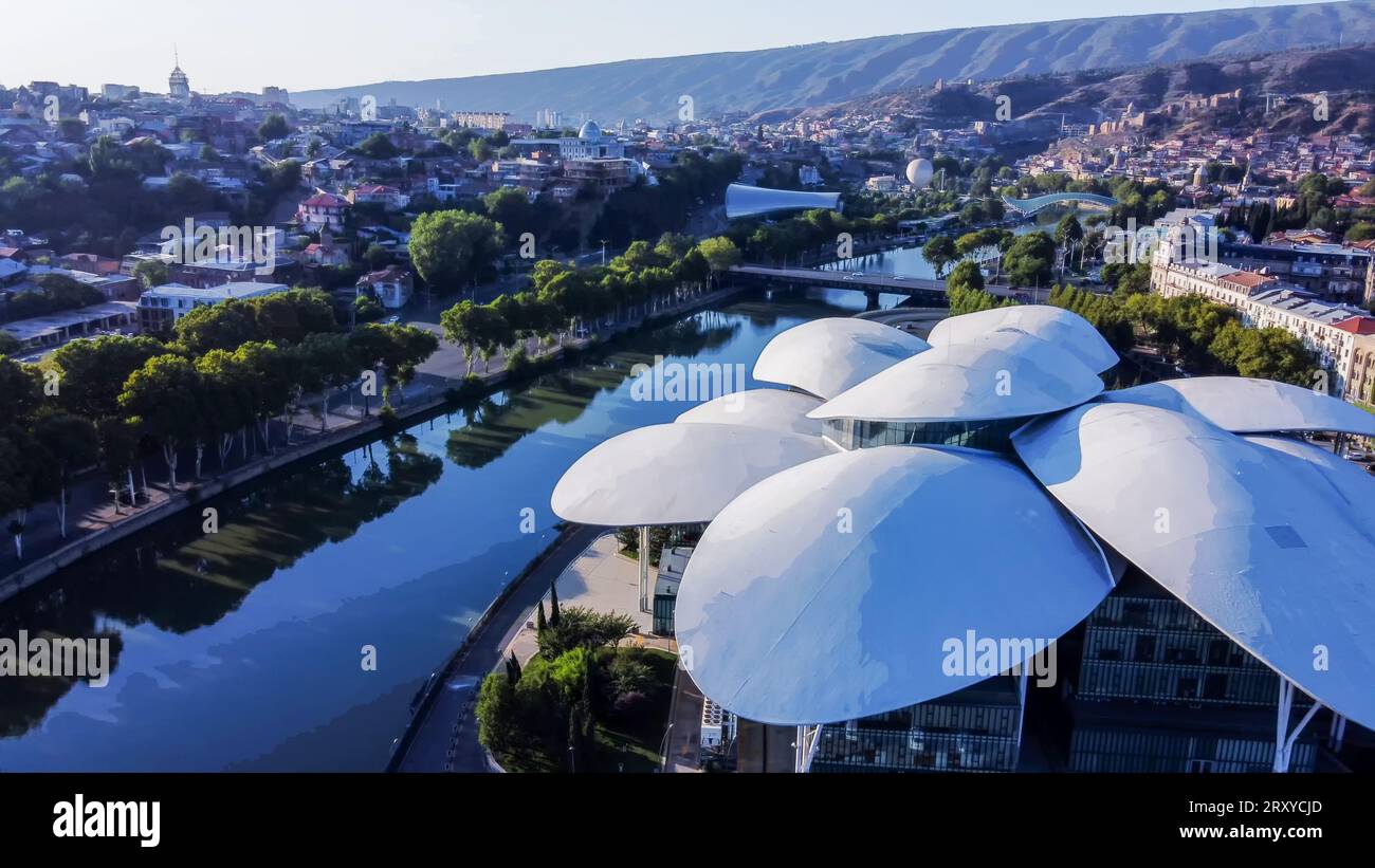 08-20-2023 Tbilisi, Georgia. Drone point of view at morning on river ...
