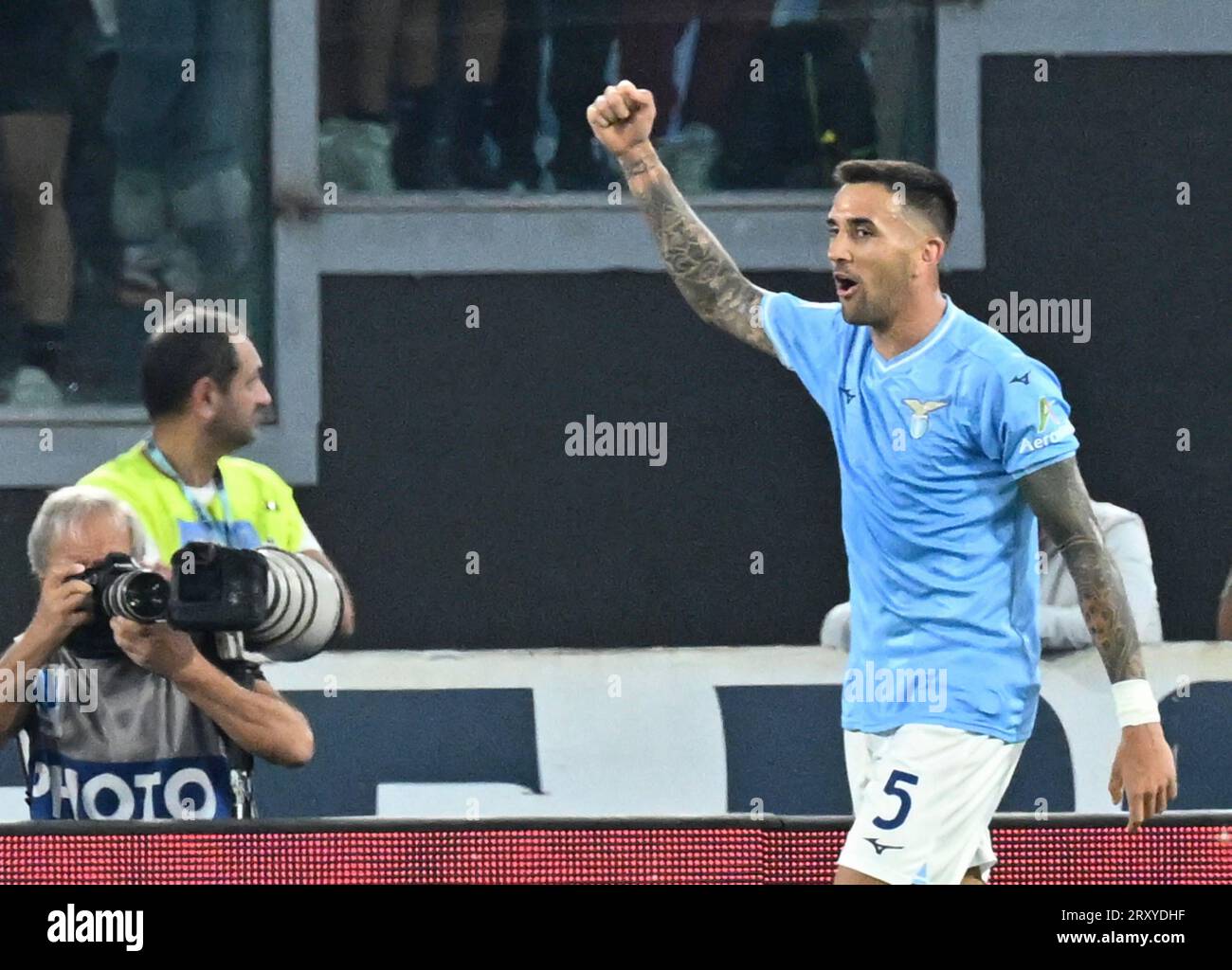 September 27, 2023, ROME, ITALY: Lazio's Matias Vecino (L) jubilates ...