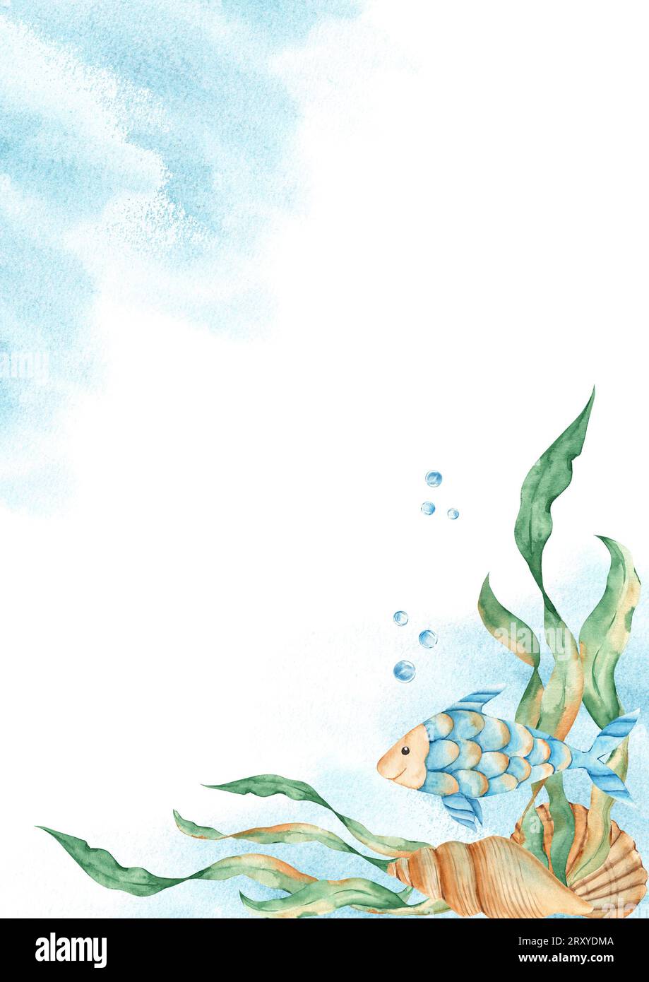 Sea card template with cute fish, seaweeds, seashells, water bubbles ...