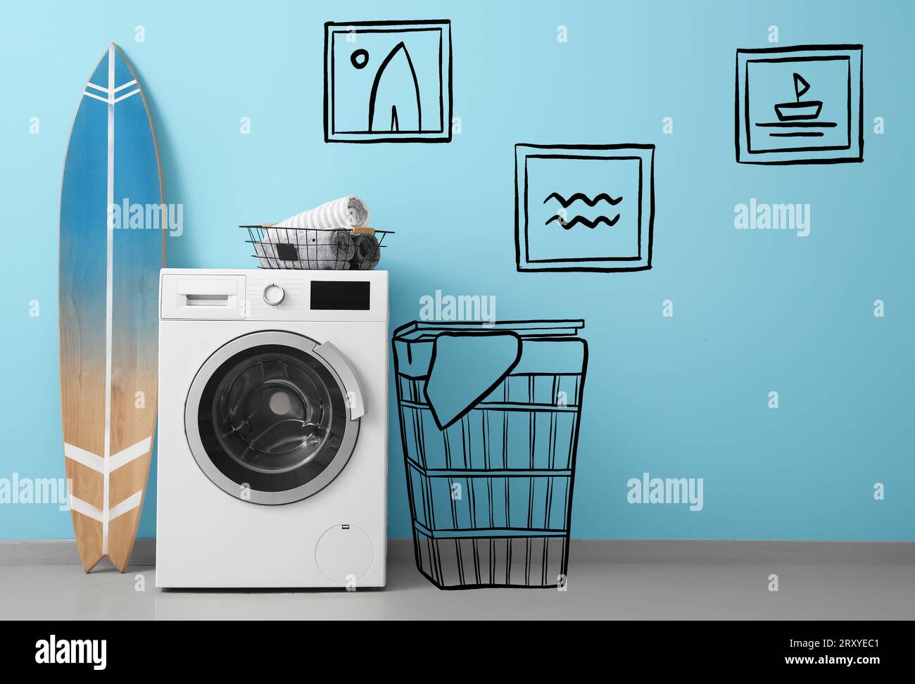 Modern washing machine in new interior of laundry Stock Photo - Alamy