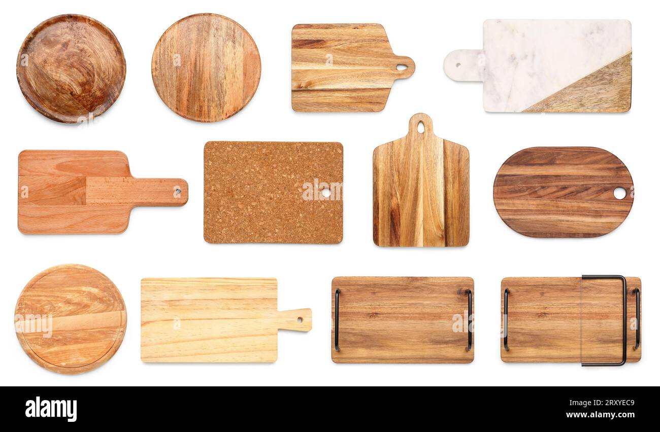 Set of many wooden cutting boards on white background, top view Stock ...