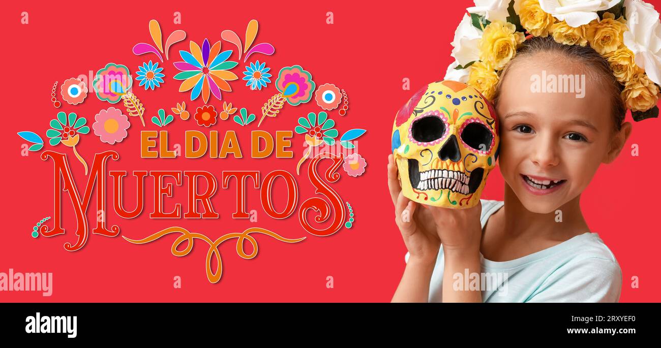 Little Mexican girl with painted human skull on red background ...