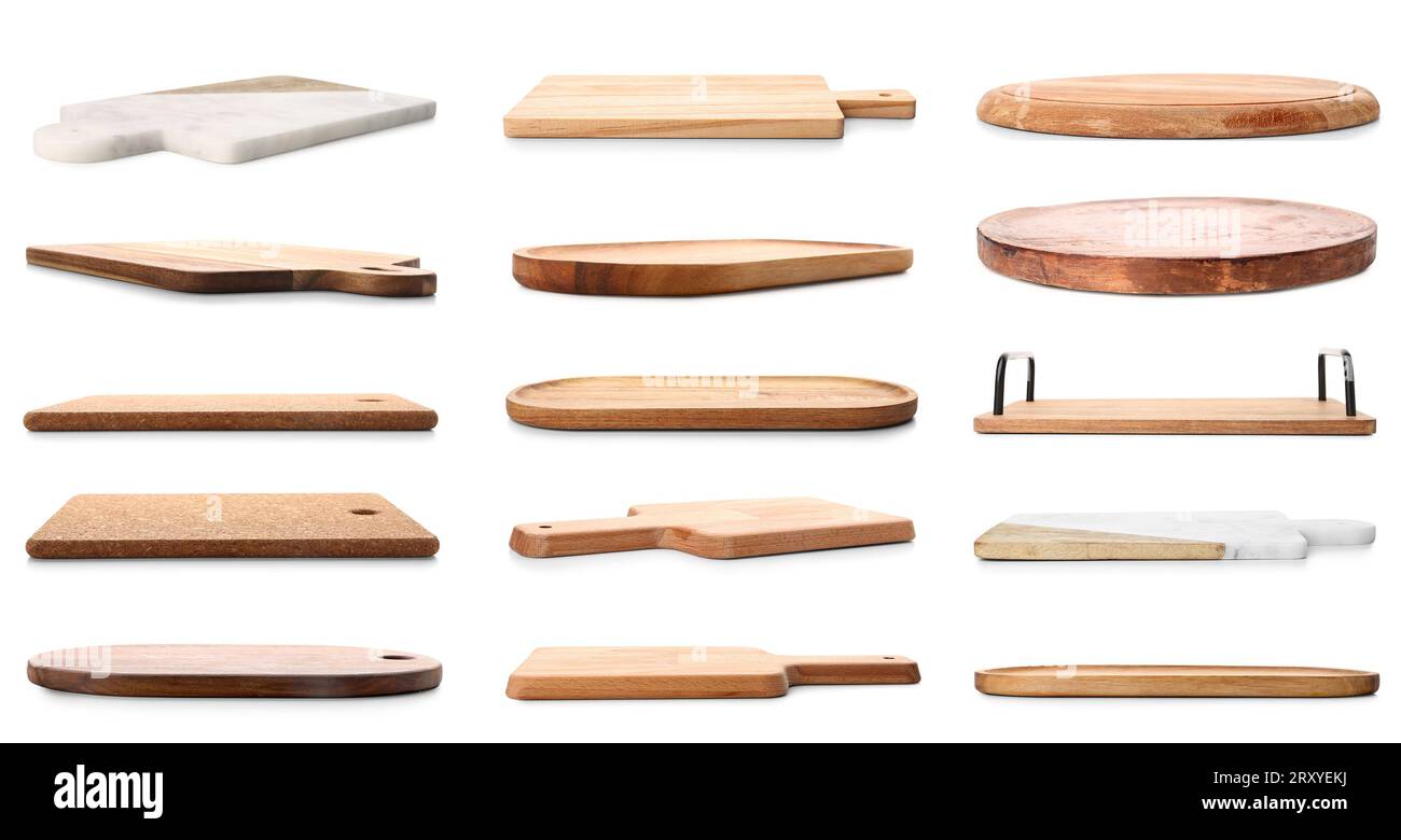 Set of different wooden boards on white background Stock Photo - Alamy