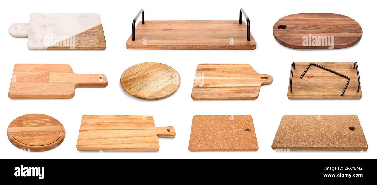 Set of many wooden boards on white background Stock Photo - Alamy