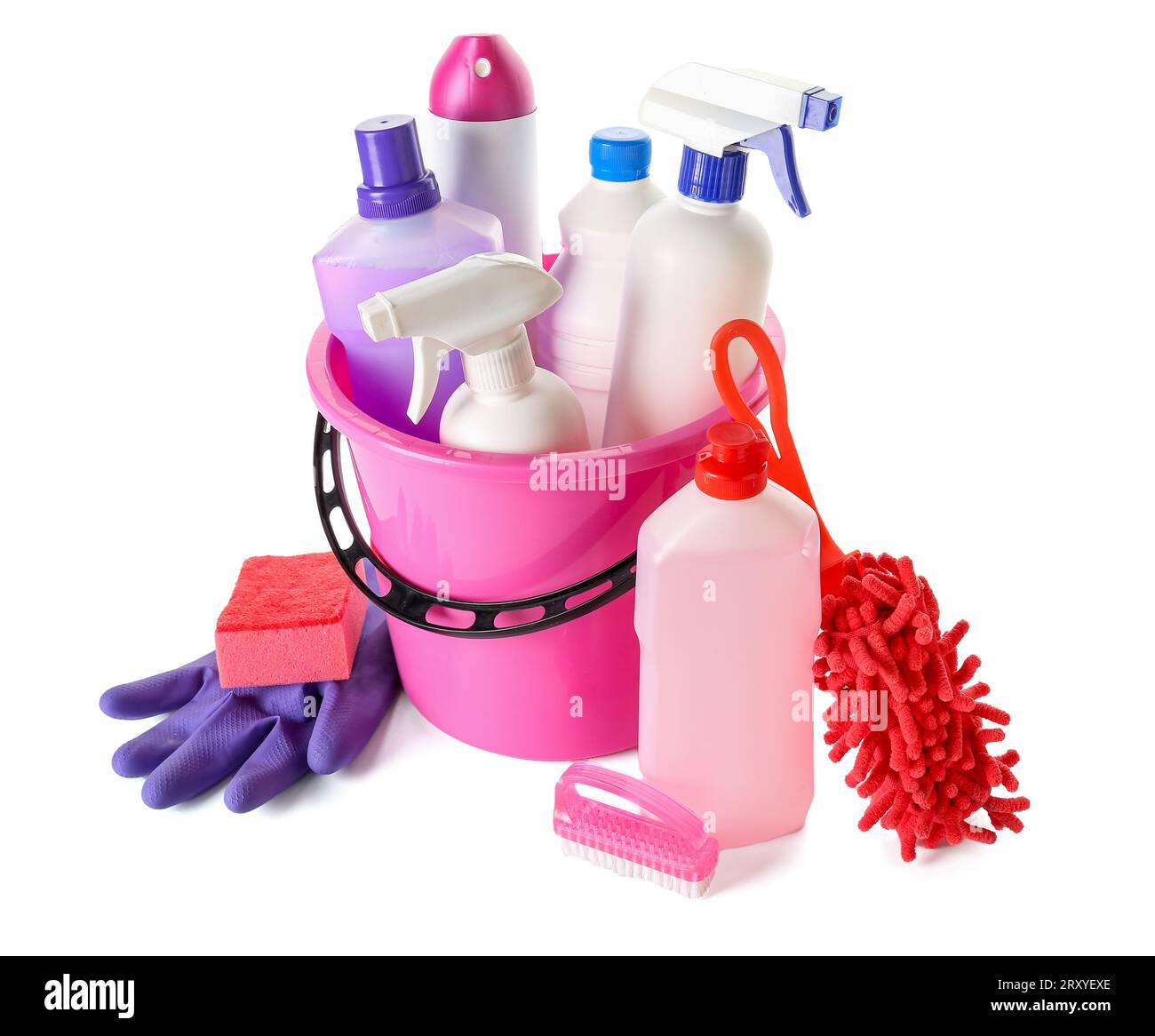 Bucket with different cleaning supplies on white background Stock Photo ...