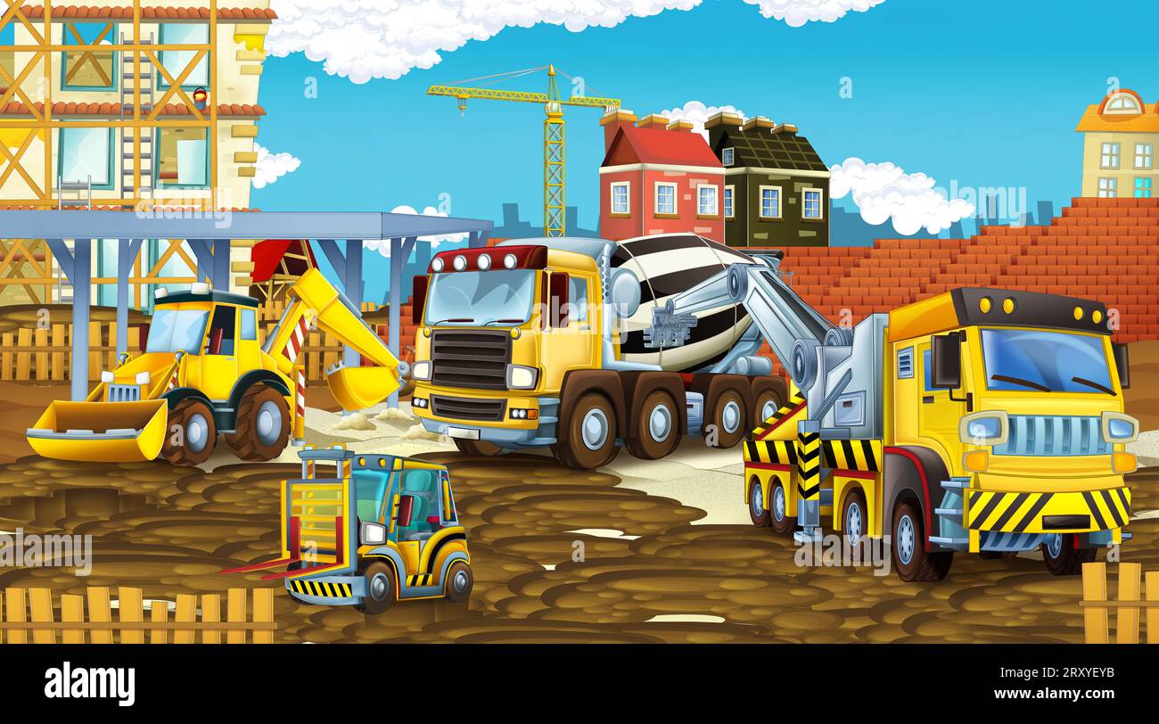 cartoon scene with construction site with car vehicle working in the ...