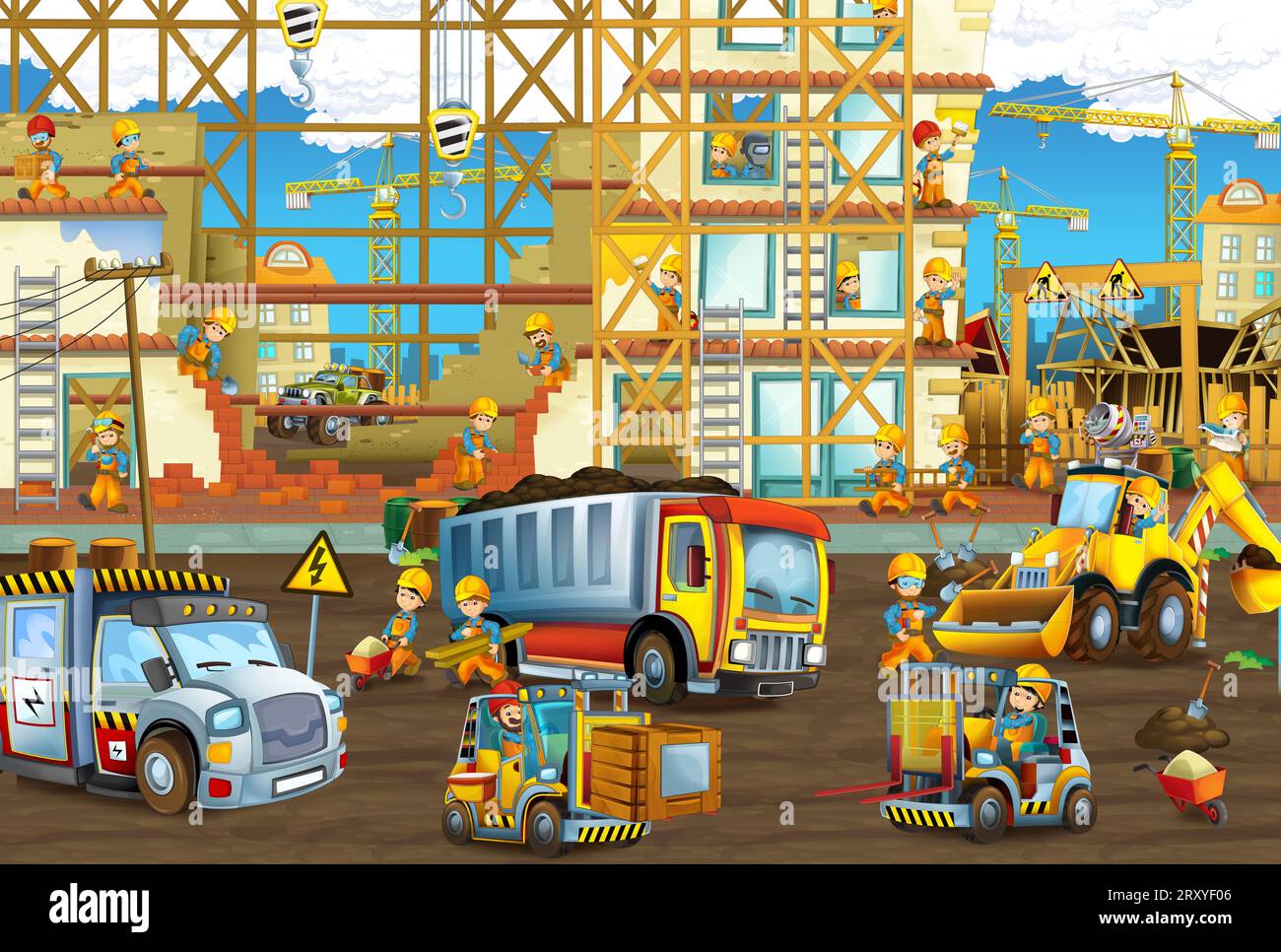 cartoon scene with construction site with car vehicle working in the ...